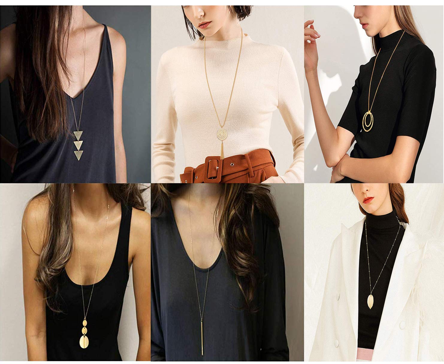 Fesciory 6 PCS Long Pendant Necklace for Women, Gold Bar Circle Leaf Triangle Tassel Y Necklace Set(Set 2)