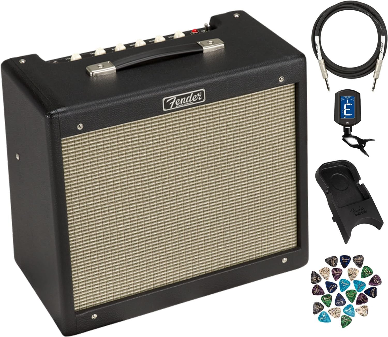 Fender Blues Junior Guitar Amplifier - Lacquered Tweed Bundle with Instrument Cable, Amperstand Guitar Cradle, Tuner, and Austin Bazaar Exclusive 24-Pack Picks