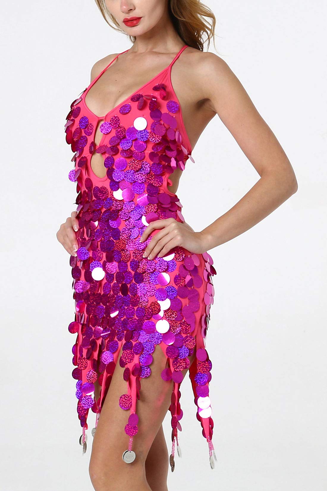 FEOYA Women's 1920s Sequins Dress Sexy Backless Dance Party Dresses Tie Closure Ballroom Practice Dancewear, Rose Red