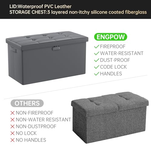 ENGPOW Storage Ottoman Bench,Fireproof Folding Storage Bench with Lock,30 Inches Fire&Water Resistant Storage Chest Foot Rest Stool Leather Bedroom Bench with Storage Safe for Document,Valuables,Grey