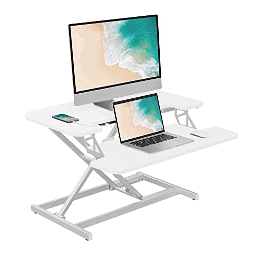 FEZIBO 28” Height Adjustable Standing Desk Converter with USB Charging Port, Quick Sit to Stand Tabletop Dual Monitor, Stand Up Desk Riser for Home Office, White