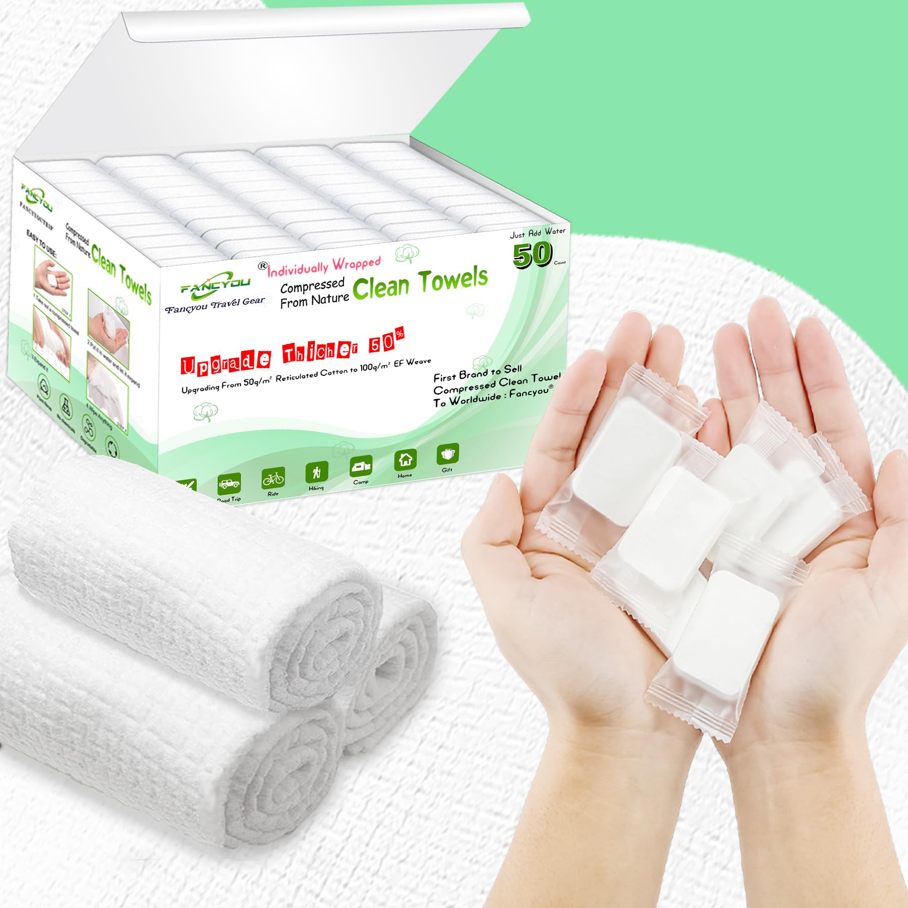 Fancyou Large Compressed Towels, Individually Wrapped Disposable Face Towel,Thicken Magic Mini Towel Portable Cotton Coin Tissue for Travel,Camping,Hiking,Sport,Home,Outdoor Activities(50 Count)