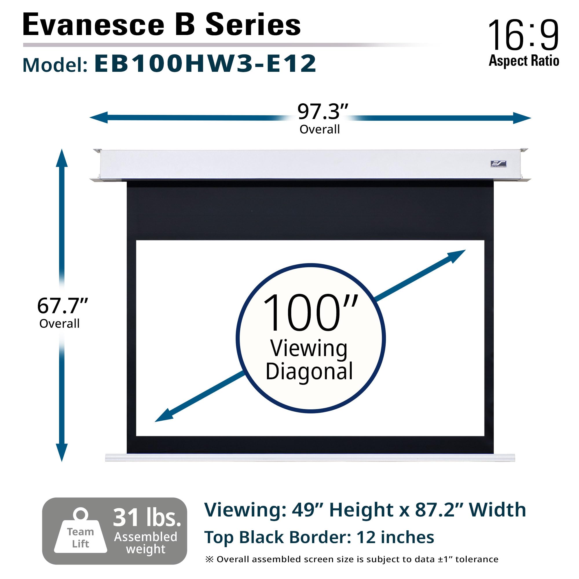 Elite Screens Evanesce B, 100-INCH 16:9 Extra 12" Drop, Recessed in-Ceiling Electric Projector Screen, 8k/4K Ultra HD Ready Fiberglass Reinforced Projection, EB100HW3-E12