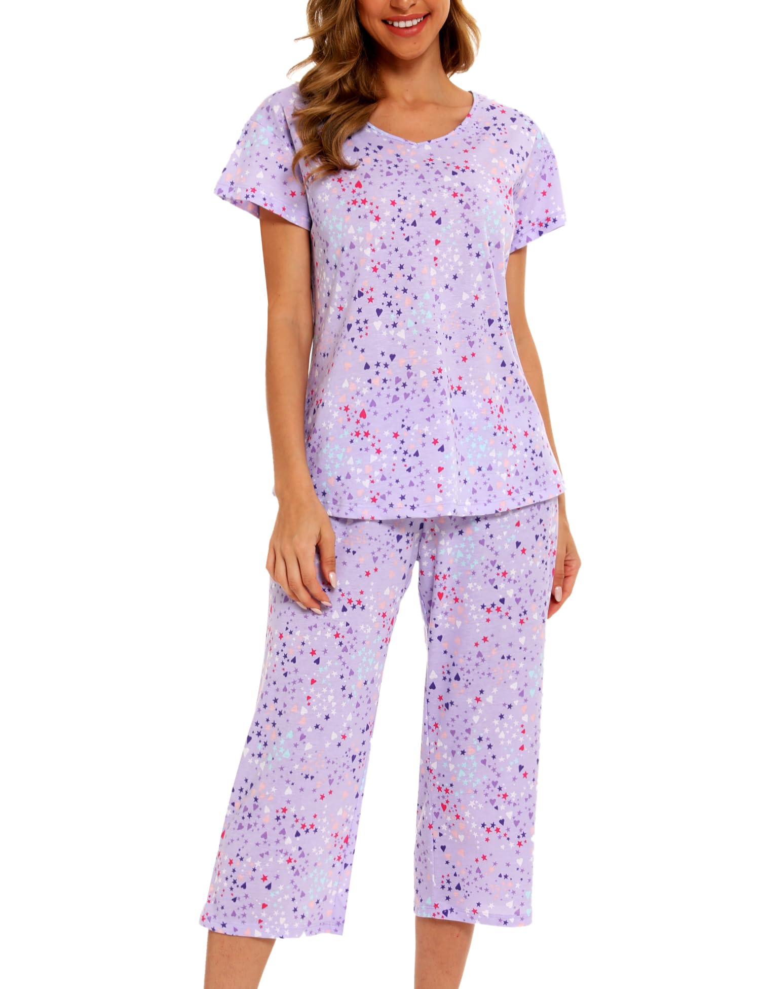 ENJOYNIGHT Women's Pajama Sets Cotton Sleepwear Tops with Capri Pants Summer Pjs (PU, X-Large)