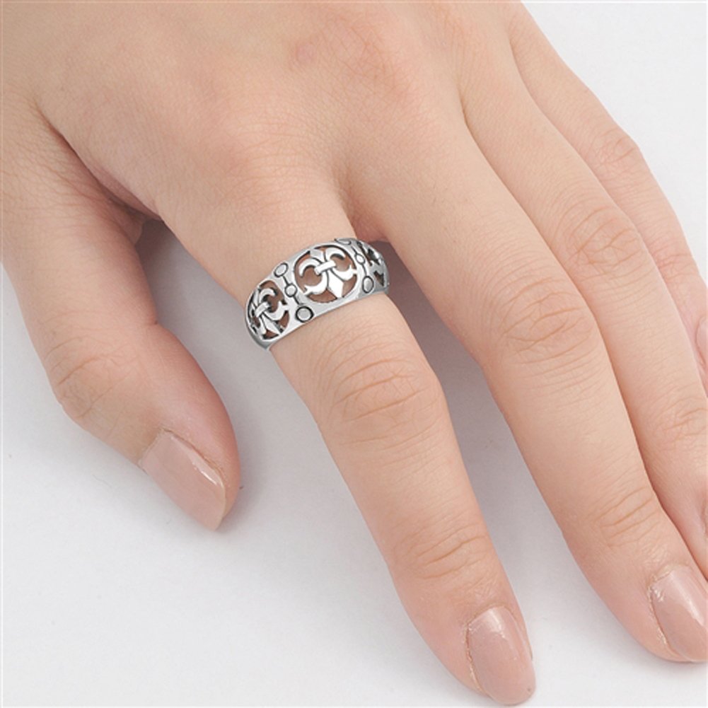 Filigree Fleur De Lis Cutout Wide Ring New .925 Sterling Silver Band Size 10