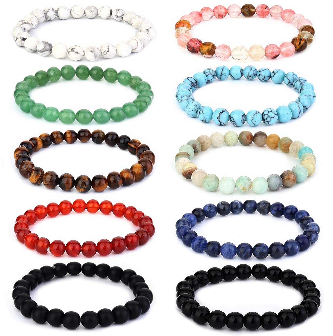 FIBO STEEL 10 Pcs 6-8mm Natural Beaded Bracelets for Women Tiny Crushed Stone Natural Stone Statement Bracelet Charm Beaded Couples Stretch Bracelets Jewelry (6mm)