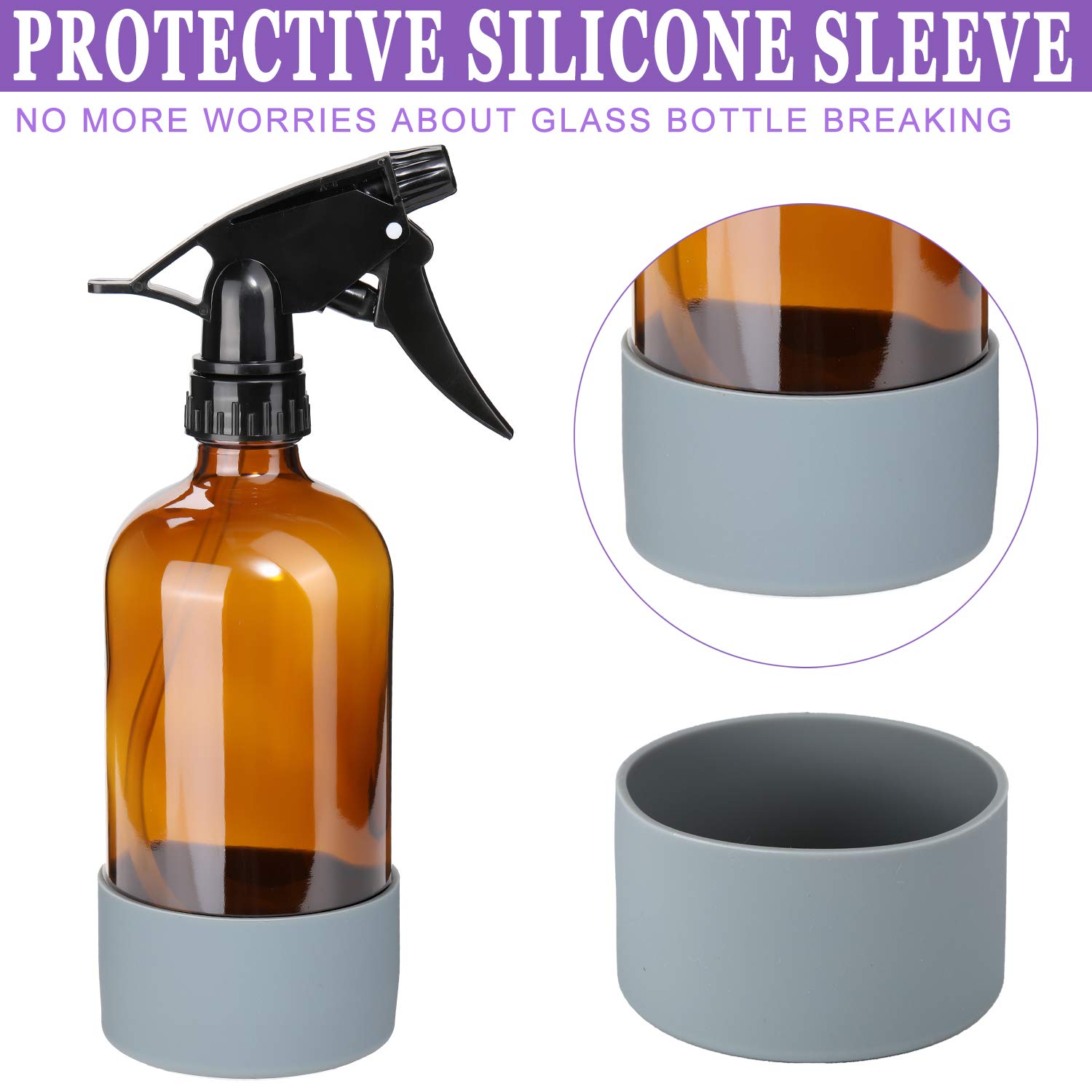 DYHAXA 16 oz Empty Amber Glass Spray Bottle with Silicone Sleeve - 2 Pack Reusable Refillable Container for Cleaning Solutions - Easy to Clean Trigger Sprayer with Adjustable Mist or Stream Setting