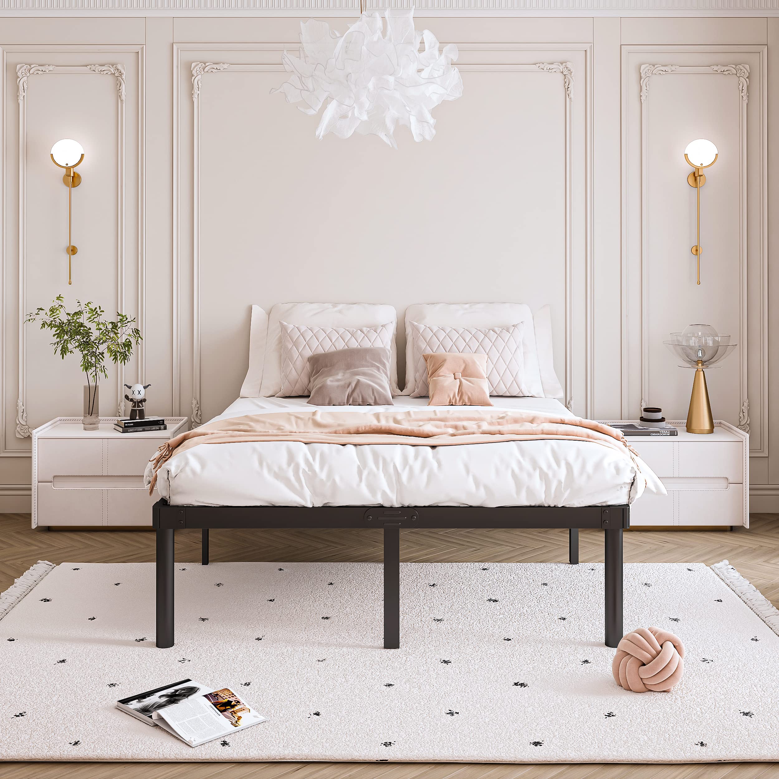 FDLOGW Queen Bed Frame, 12 Inch Queen-Size Bed Frames with Round-Corner Leg, Heavy Duty Steel Slat Mattress Foundation, Easy Assembly, Noise-Free, No Box Spring Needed