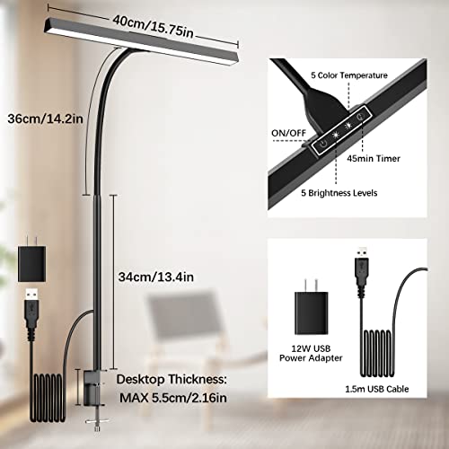 Hapfish LED Desk Lamp for Home Office with Charger - 12W Desk Light Bar, 25 Lighting Modes, Eye-Caring Modern Flexible Gooseneck Clamp Table Lamps for Office Study Monitor Workbench