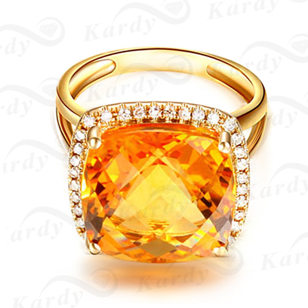 Fashion Women Yellow Citrine Gemstone Diamond Solid 14K Yellow Gold Natural Ring Settings Band Jewelry