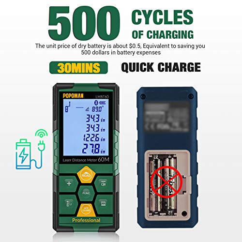Laser Measure 196ft, POPOMAN Rechargeable with Bluetooth Laser Distance Meter, Intelligent House App for JoyPlan, 2.25' LCD Backlit, Measure Distance, Area, Volume, Pythagoras Measurement Tool