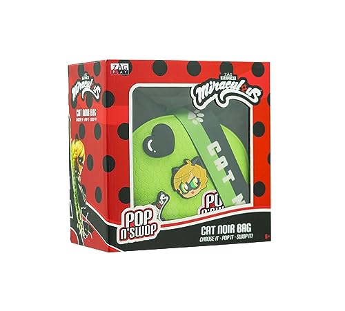 Miraculous Ladybug - Pop n' Swop Cat Noir Green Crossbody Bag with 4 Clip-on Badges, Cat Paw Zipper, Adjustable and Detachable Strap, Removable Ears, Lightweight Durable Waterproof Purse (Wyncor)