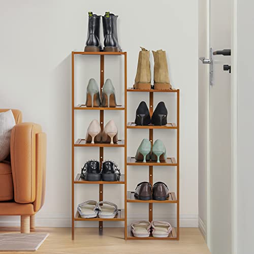 MoNiBloom Shoe Rack for Entryway, Bamboo Vertical Double Row Shoe Storage Space Saving Shoe Organizer for Small Spaces Corner Bedroom (10 Shelves, Brown)
