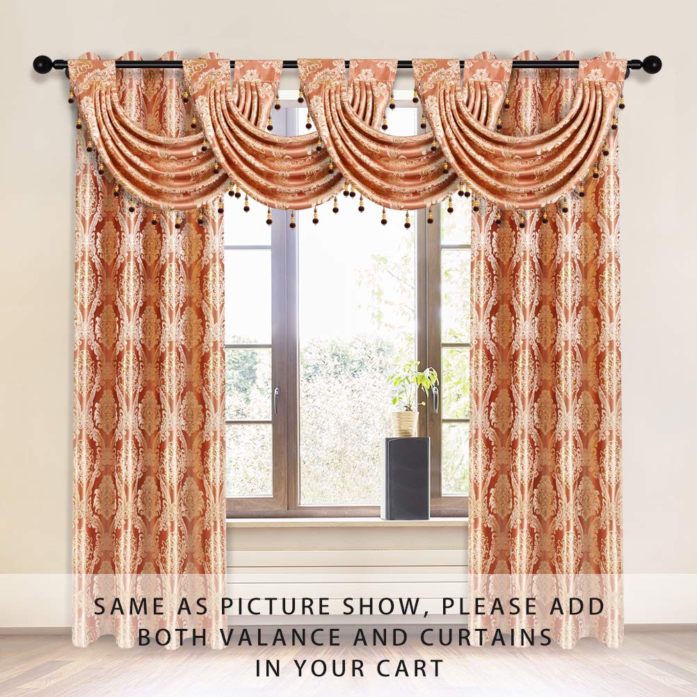 ELKCA Single Swag Waterfall Valance for Window Jacquard Damask Curtain Valance for Living Room Luxury Window Curtains for Kitchen,Pack of 1(Damask-Coffee, 30" W x 22" L)