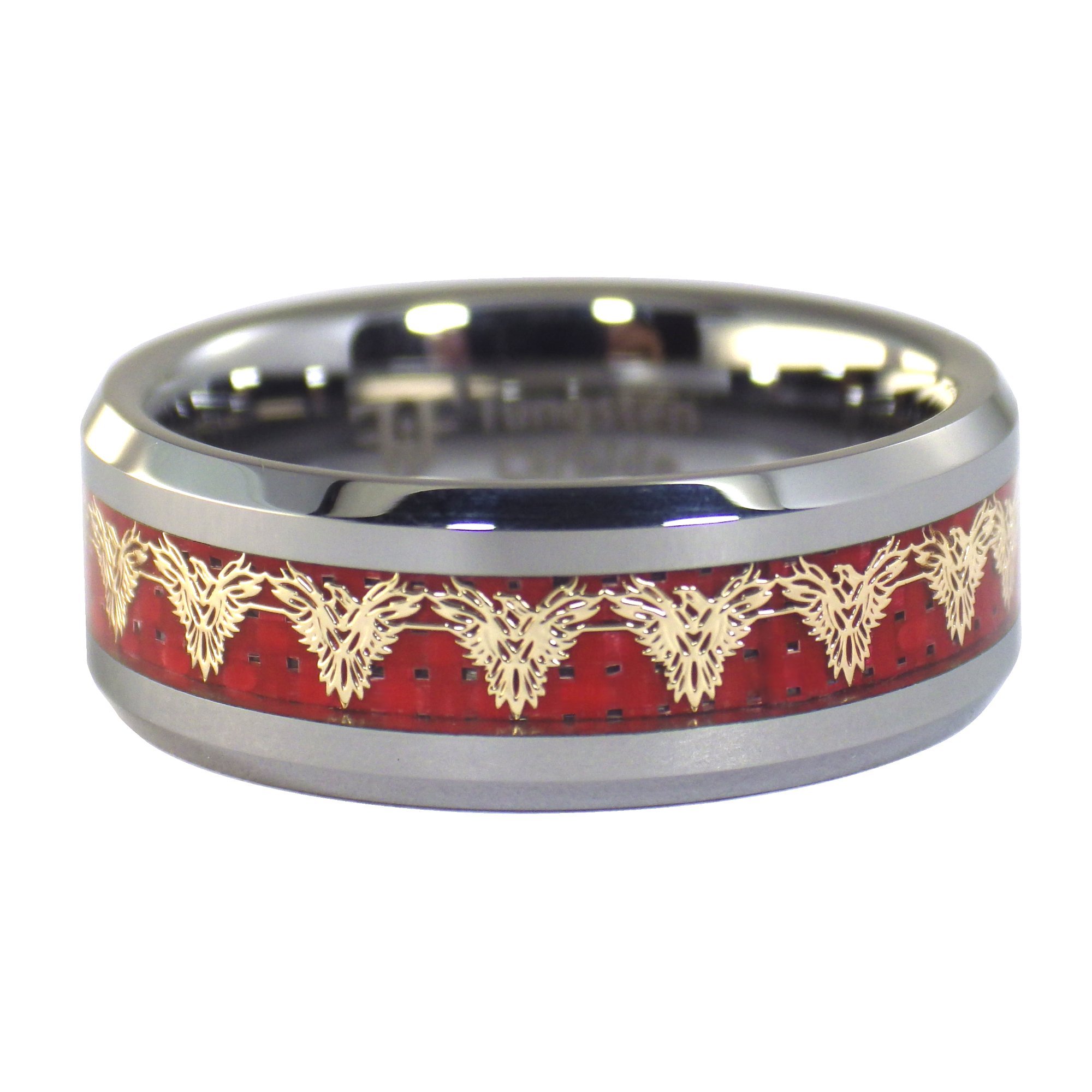 Fantasy Forge Jewelry Tungsten Gold Phoenix Ring Mens Womens Red Carbon Fiber Wedding Band 8mm Size 9.5
