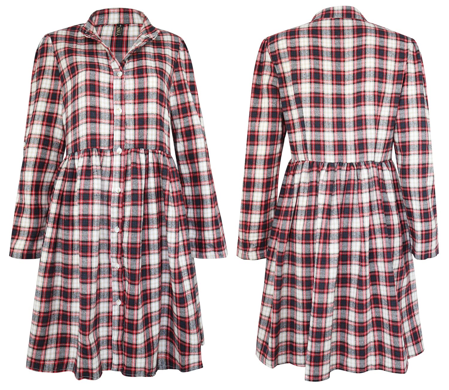 FANCYINN Women's Gingham Stand Collar Shirt Dress Button Up Casual Round Up Long Sleeve Mini Plaid Shirt Dresses Christmas Red and Black S