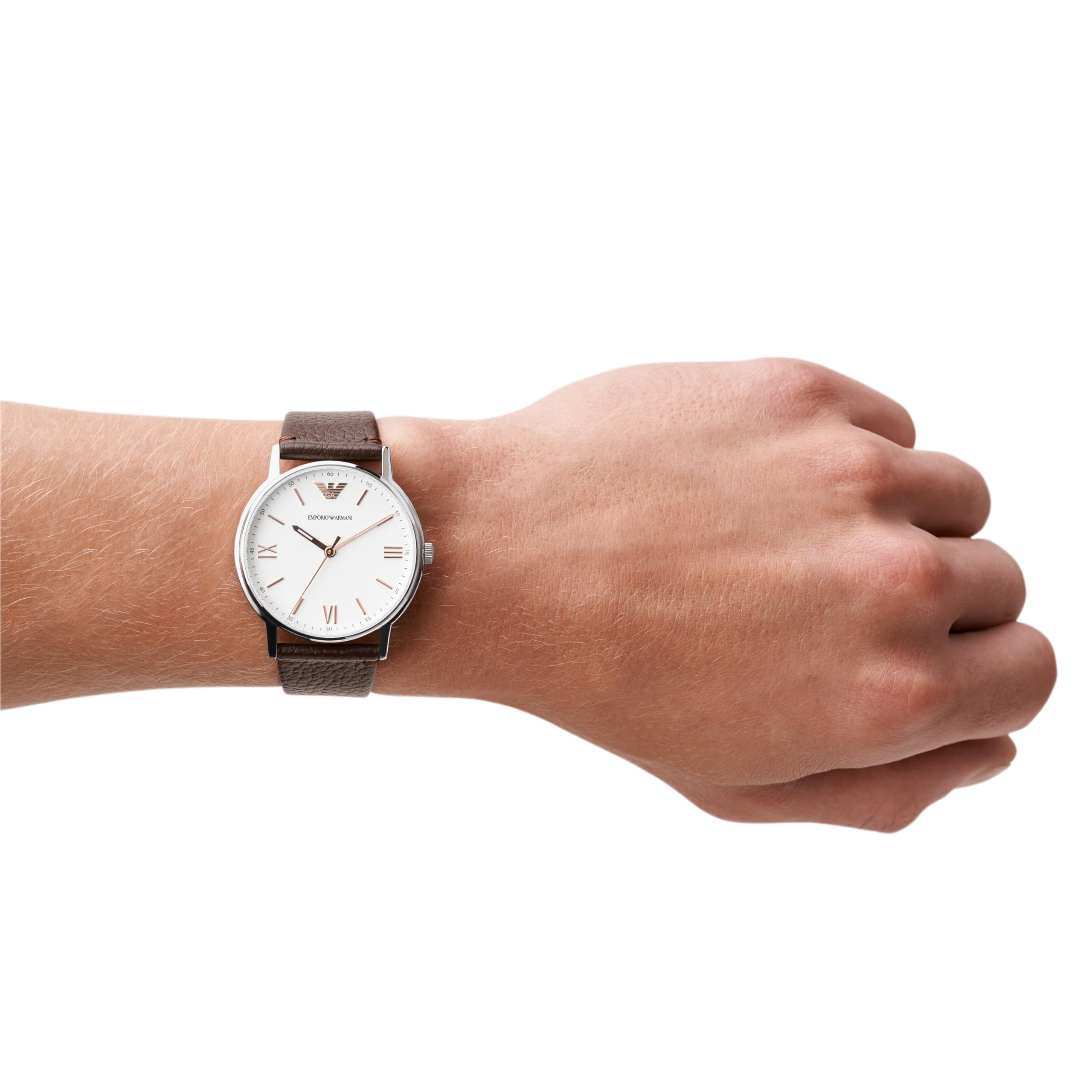Emporio Armani Men's Three-Hand Silver and Brown Leather Band Watch (Model: AR11173)