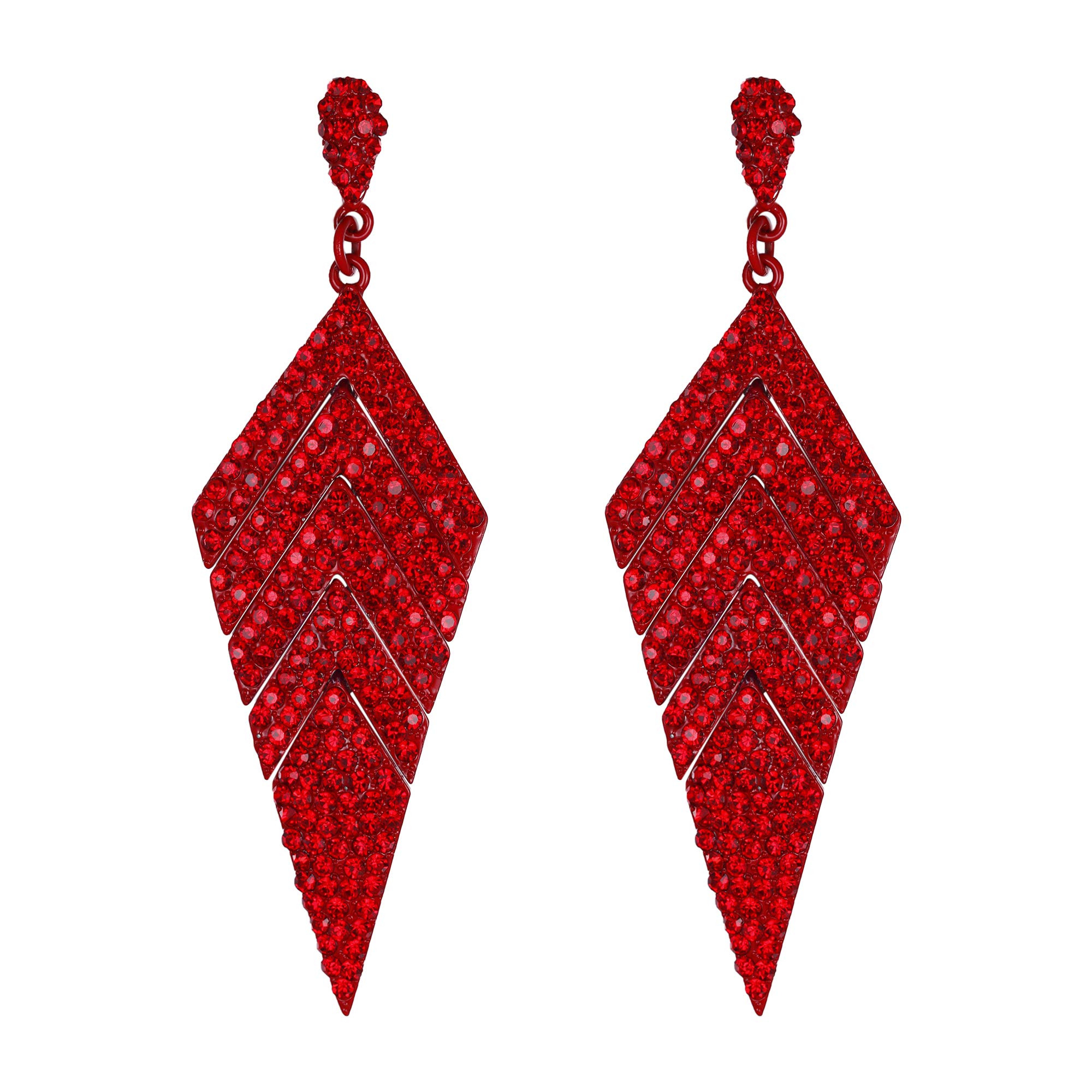 EVER FAITH Women's Crystal Elegant Banquet Multi-layered Rhombus Dangle Pierced Earrings Red Red-Tone