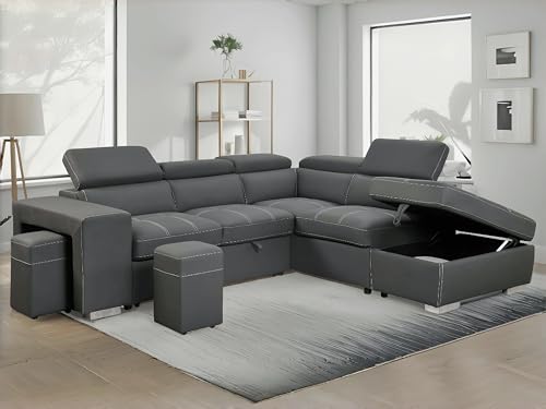 THSUPER 104'' Microfiber Sectional Sleeper Sofa with Pull-Out Bed, Sofa with Chaise & Storage Ottoman. 5 Seater L-Shaped Couch with Adjustable Headrest and Stools. Charcoal Grey