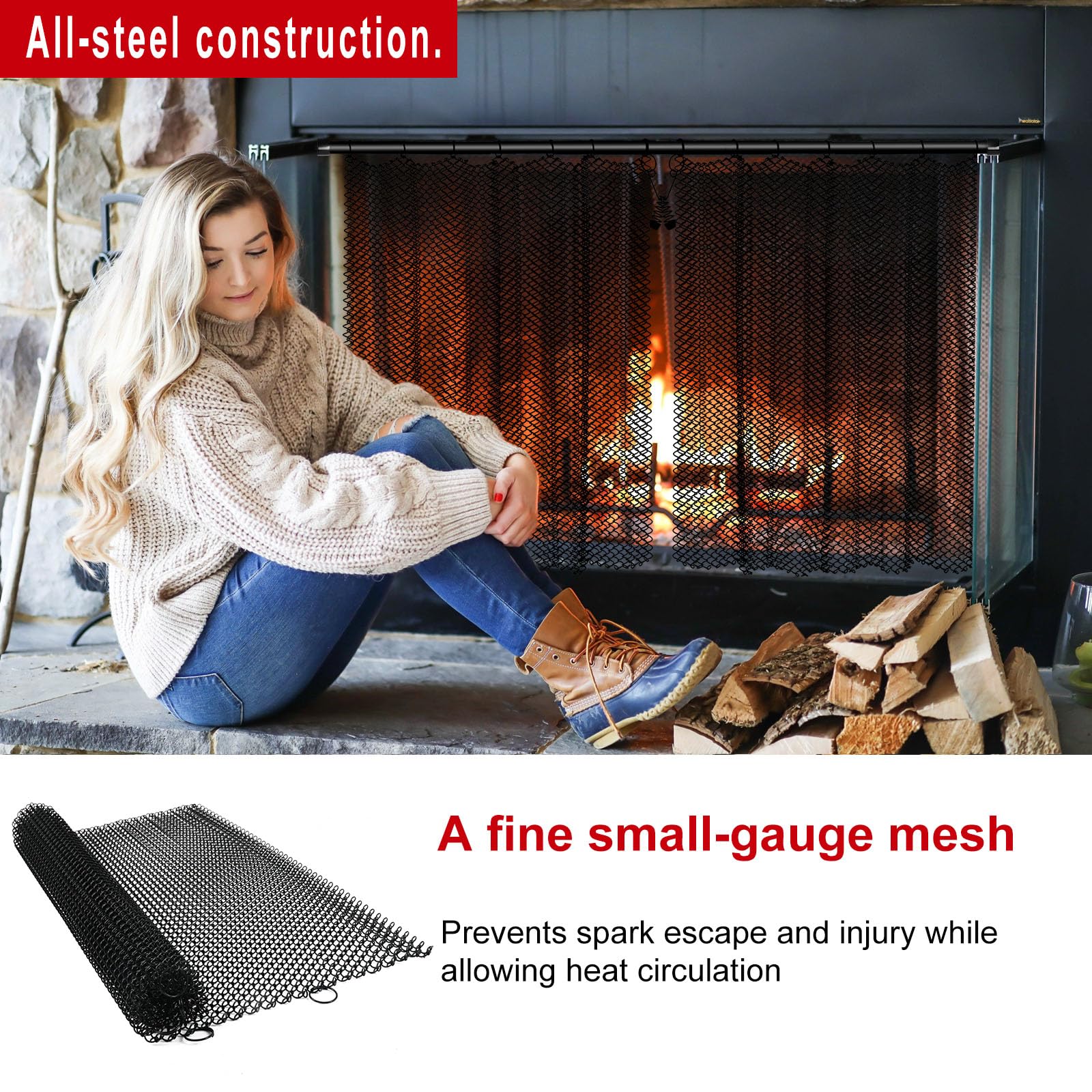 Rilth Fireplace Mesh Screen Curtain Kit with Adjustable Fireplace Curtain Rod, Adjustable Fireplace Screen Panels 23" H × 27.5" W Black Matte