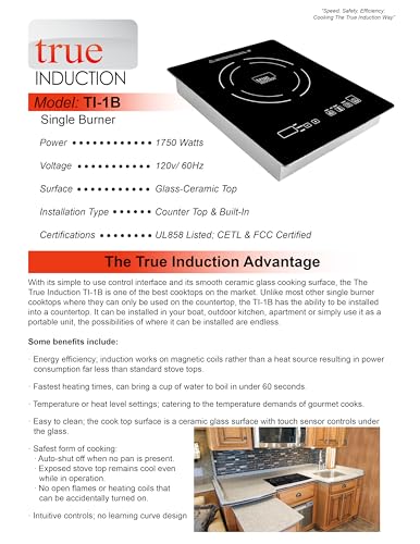 True Induction TI-1B 12-inch Single Element Black Induction Glass-Ceramic Cooktop 1750W 858UL Certified