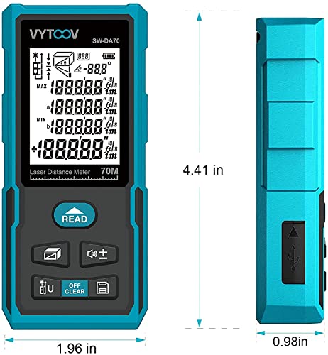 Laser Measurement Tool 229Ft 70M IP54 M/in/Ft/Ft+in Digital Angle Sensor Measure Backlight LCD Laser Distance Meters with Pythagorean Mode Laser Measure Distance Area and Volume - Rechargeable