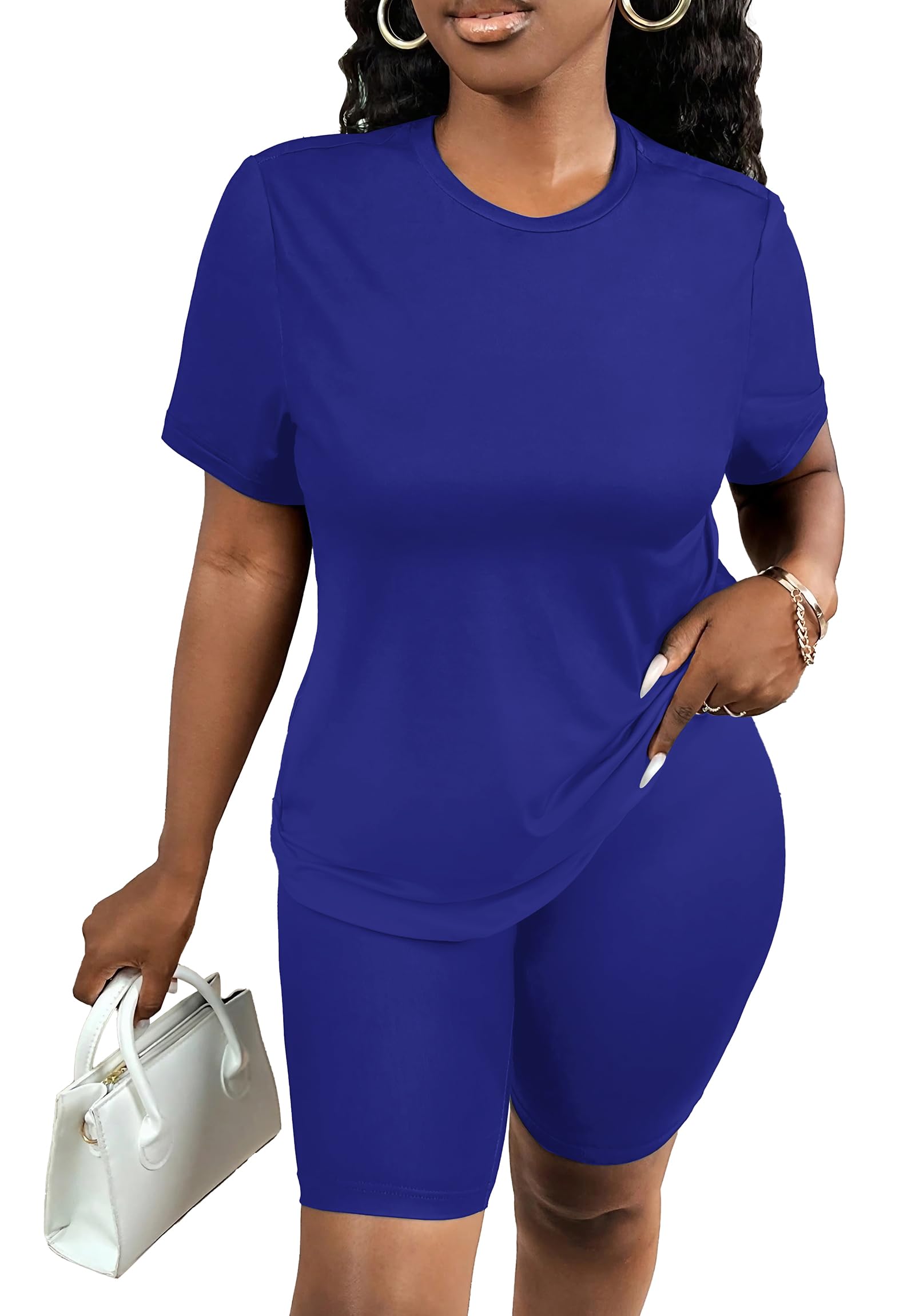 FANDEE Women's two piece outfit Bodycon Short Set T Shirt Plus Size Tracksuit Blue 3X-Large