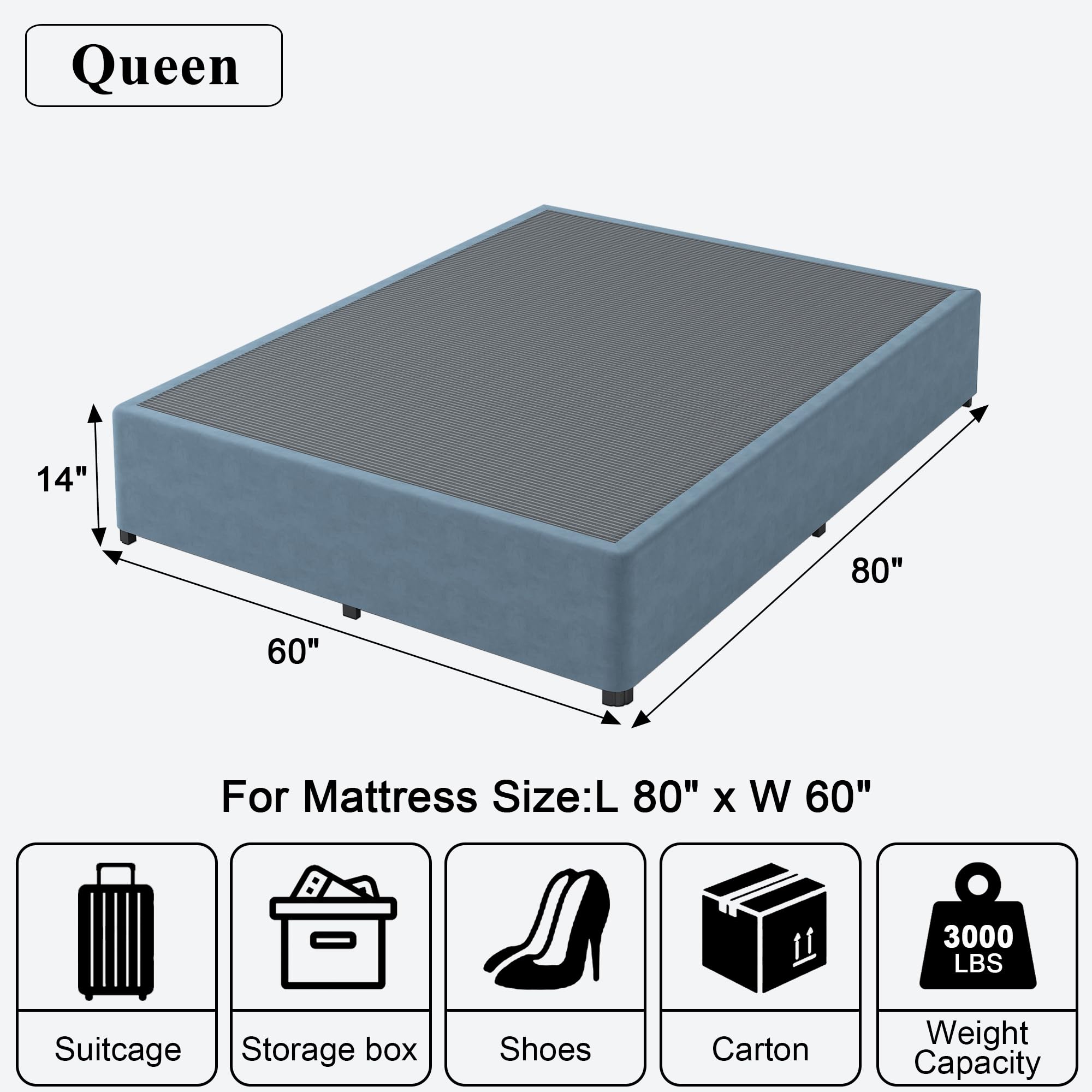 Seiugaga 14 Inch Queen Bed Frame with Fabric Cover - Needed Heavy Duty Metal Platform Bed Frames Queen Size Space Under Double Basic Steel Slats Platform