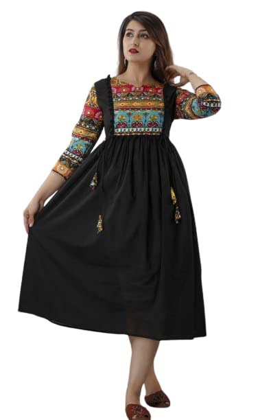 Women's Rayon Floral Printed Anarkali Kurti With Tassels (Black-Medium/38)