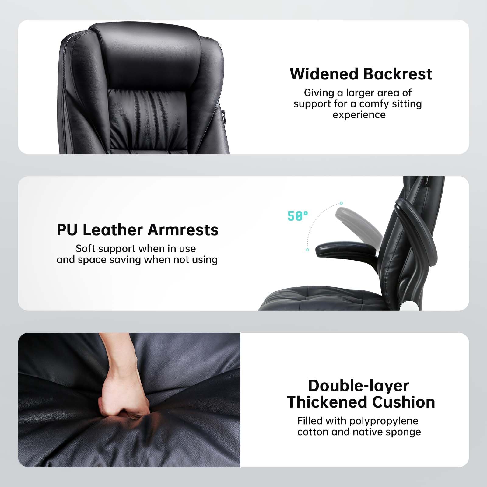 Hbada Executive Office Chair, Big and Tall Desk Chair 400lbs Wide Seat, High Back PU Leather Ergonomic Computer Chair with Adjustable Armrest, 360° Swivel Office Chair Adjustable Height, Black