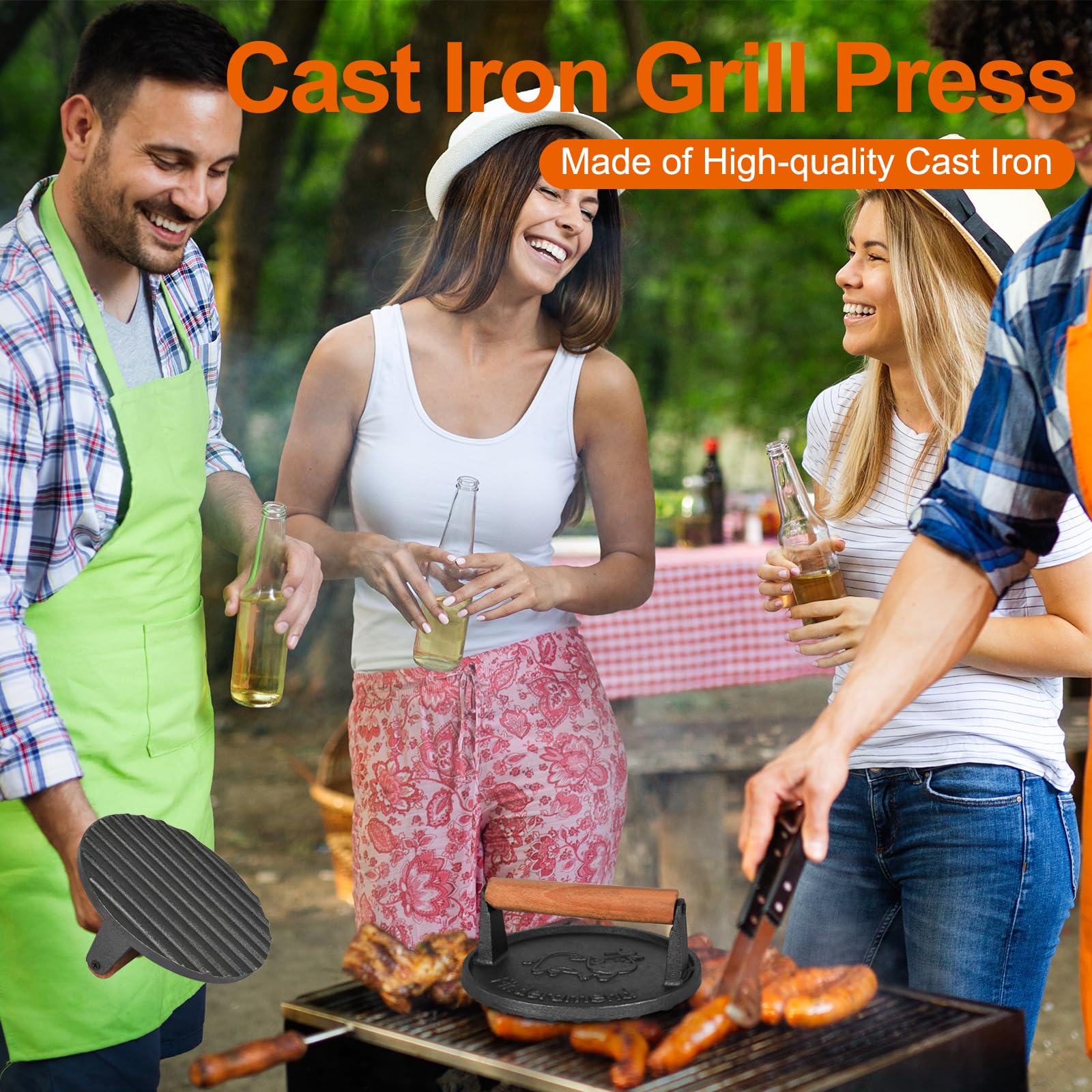 Finderomend Hamburger Press,Cast Iron Grill Press,Heavy Duty Smash Meat,Bacon,Steak & Burger Press with Wooden Handle for Blackstone Pitboss Weber Treager Griddle (Calf-Round 3)