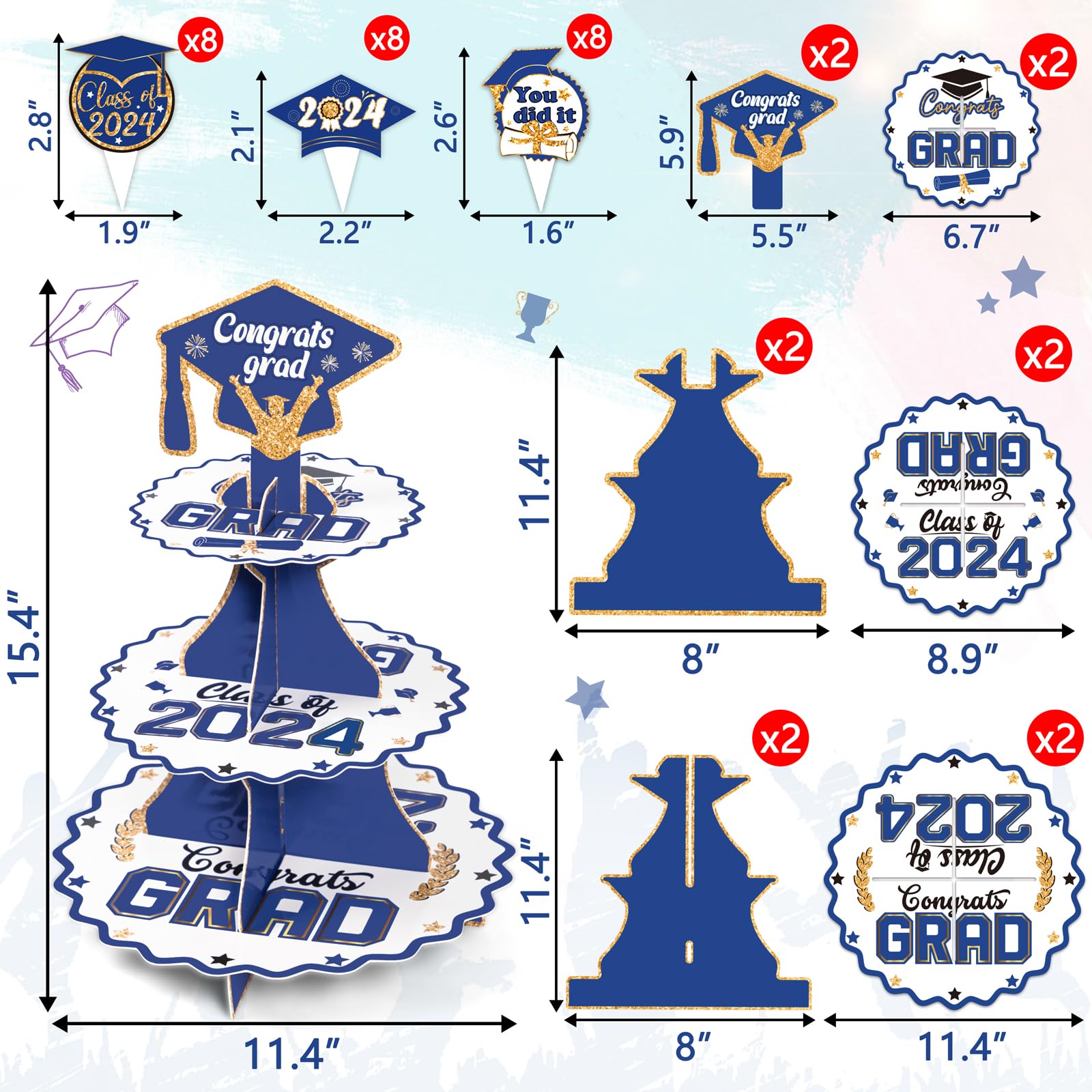 jollylife 2 Set Graduation Decorations Class of 2024 Blue and Gold Cupcake Stand,3-Tier Cardboard Congrats Grad Tower Plus 24 Cake Toppers Party Supplies Decor(Assembly Needed)