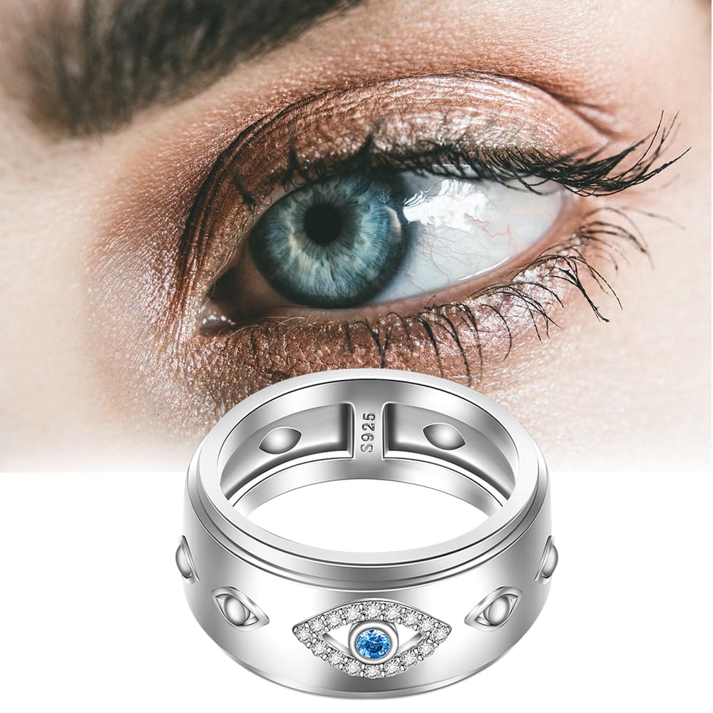 Fidget Ring Spinner Evil Eye Ring Sterling Silver Blue Evil Eyes Anxiety Worry Relieving Boredom Band Rings Nazar Amulet Third Eye Jewelry Size 8