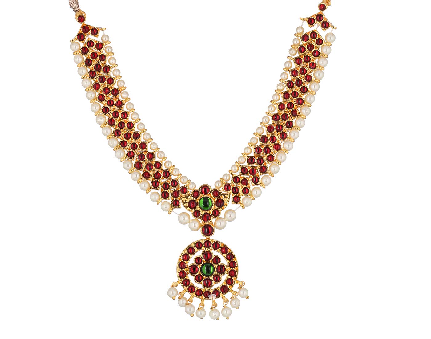 Fashionatelier 4 Line Long Pearl Haram with Pendant and Short Necklace with Earrings