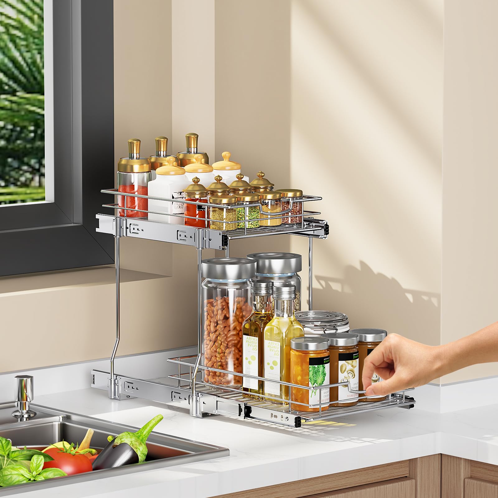 Feverdes 2 Tier Pull Out Cabinet Organizer(13" W X 17" D), Wire Basket Slide Out Kitchen Cabinet Storage Organization Sliding Shelves