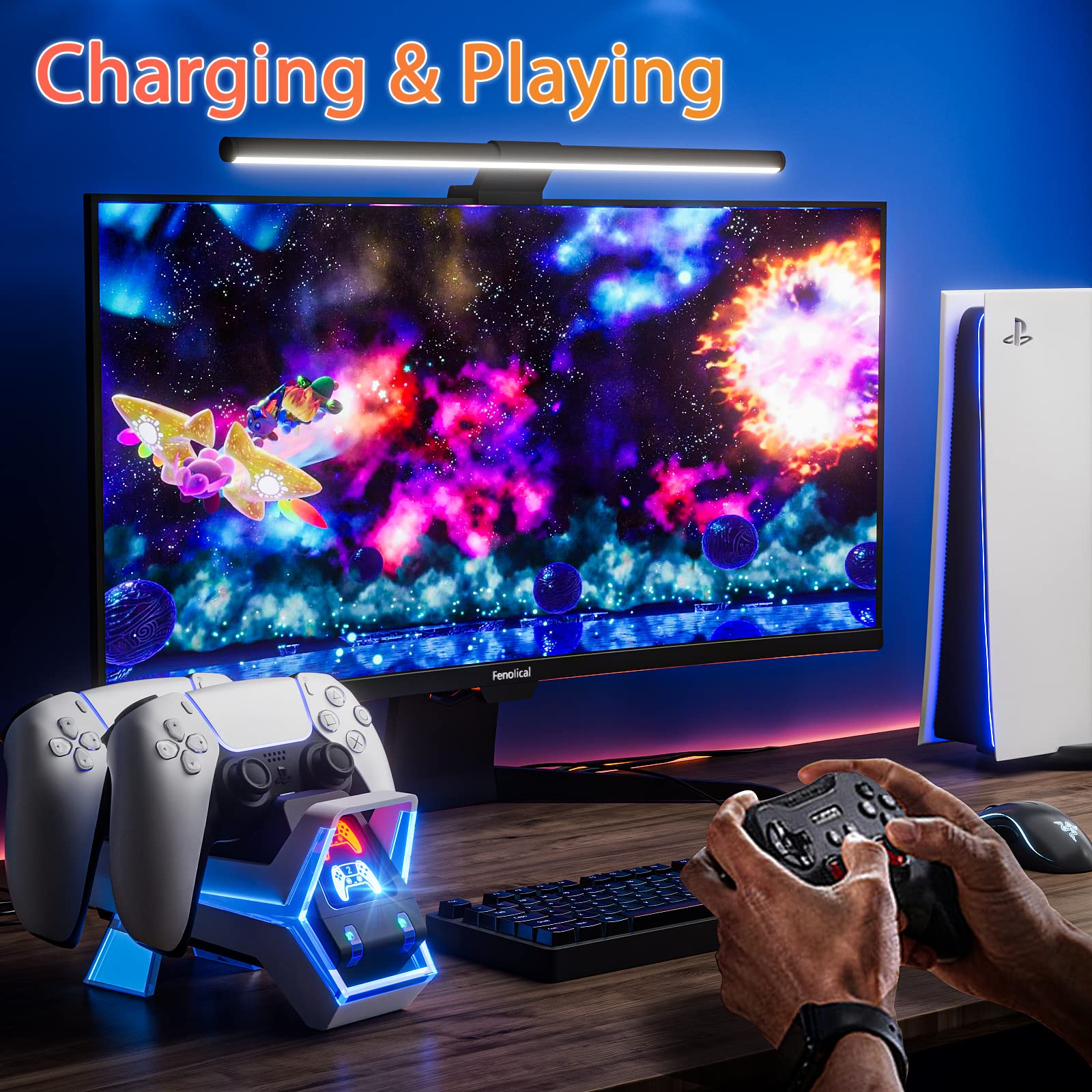 Fenolical PS5 Controller Charger Station with 5V/3A AC Adapter for Dualsense Controller & Edge Controller, Playstation 5 Accessories Charging Station with Timer Function & Smart Touch Control, (Blue)