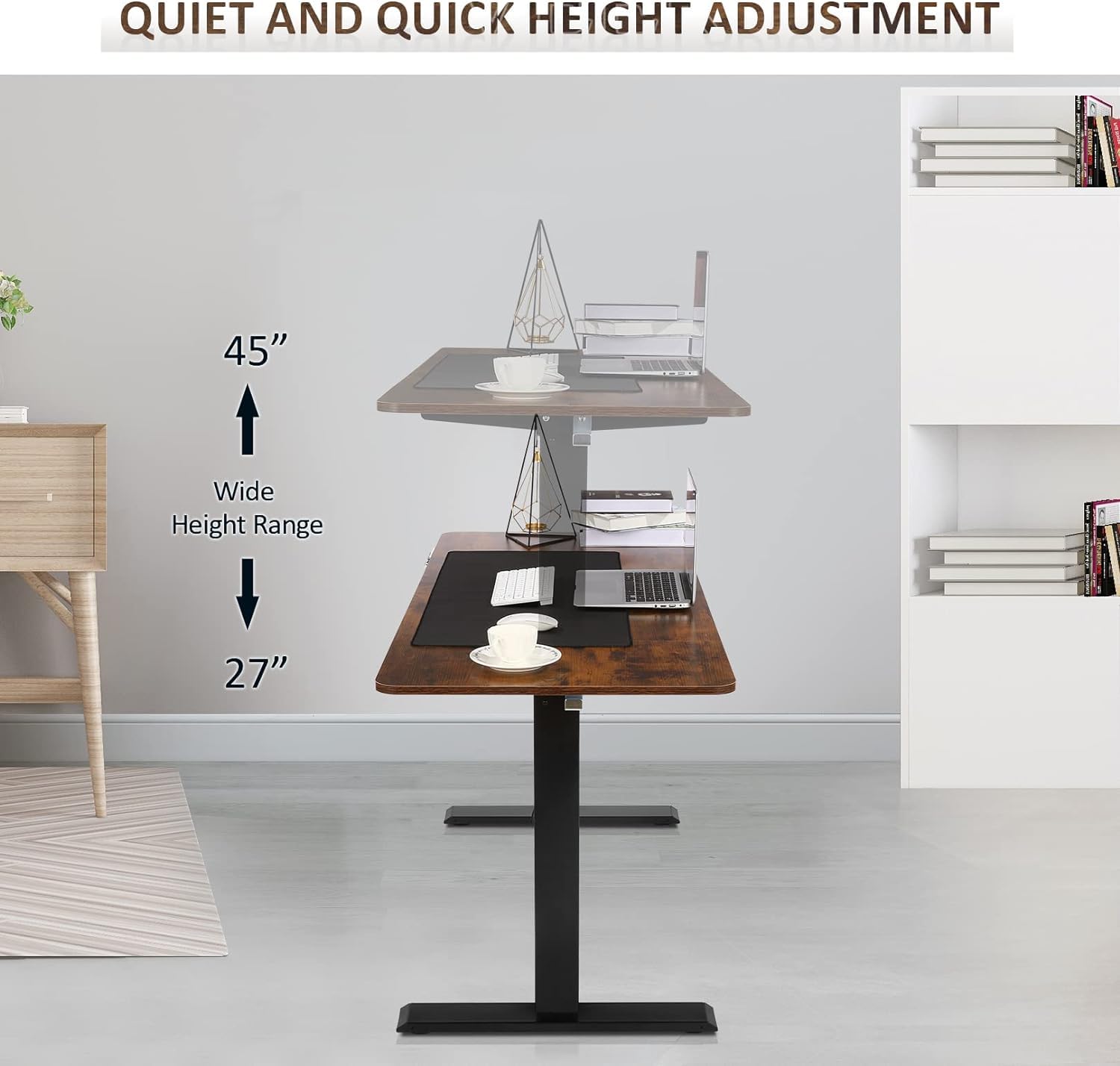 farexon Adjustable Standing Desk, 48in Raising Desk Ergonomic Desk with 2 USB Ports & 3 Power Outlets, and 6.5 ft Power Cord, Height Adjustable Desk with Double Crossbeam Structure, Brown