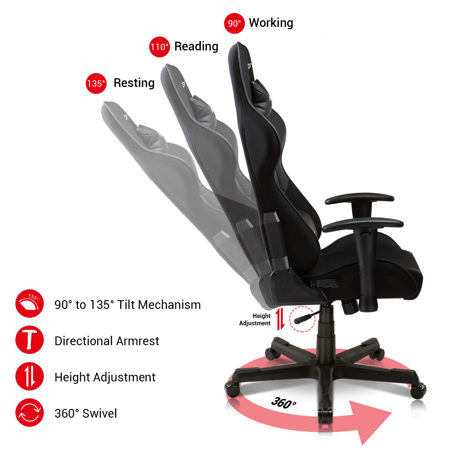 DXRacer Formula Series PC Gaming Chairs Seat Height Adjustable Recliner with Ergonomic Head Pillow and Lumbar Support, Standard, Black