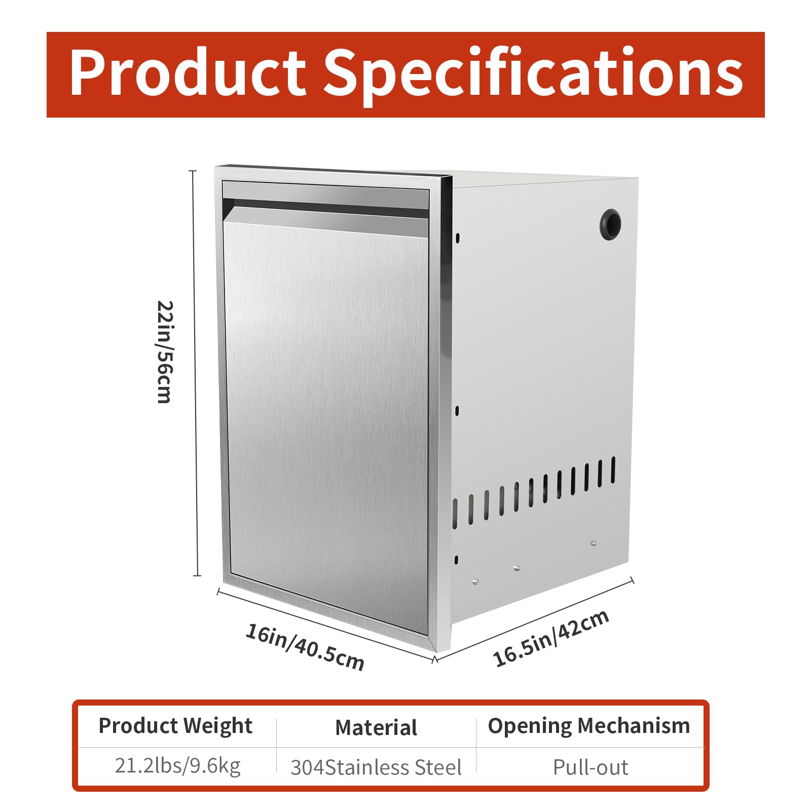 Pull Out Trash Drawer 16" Wx22 H×16.5" D Built-in Single Trash Drawer Propane Tank Drawer Stainless Steel Trash Bin for BBQ Island Grill Station