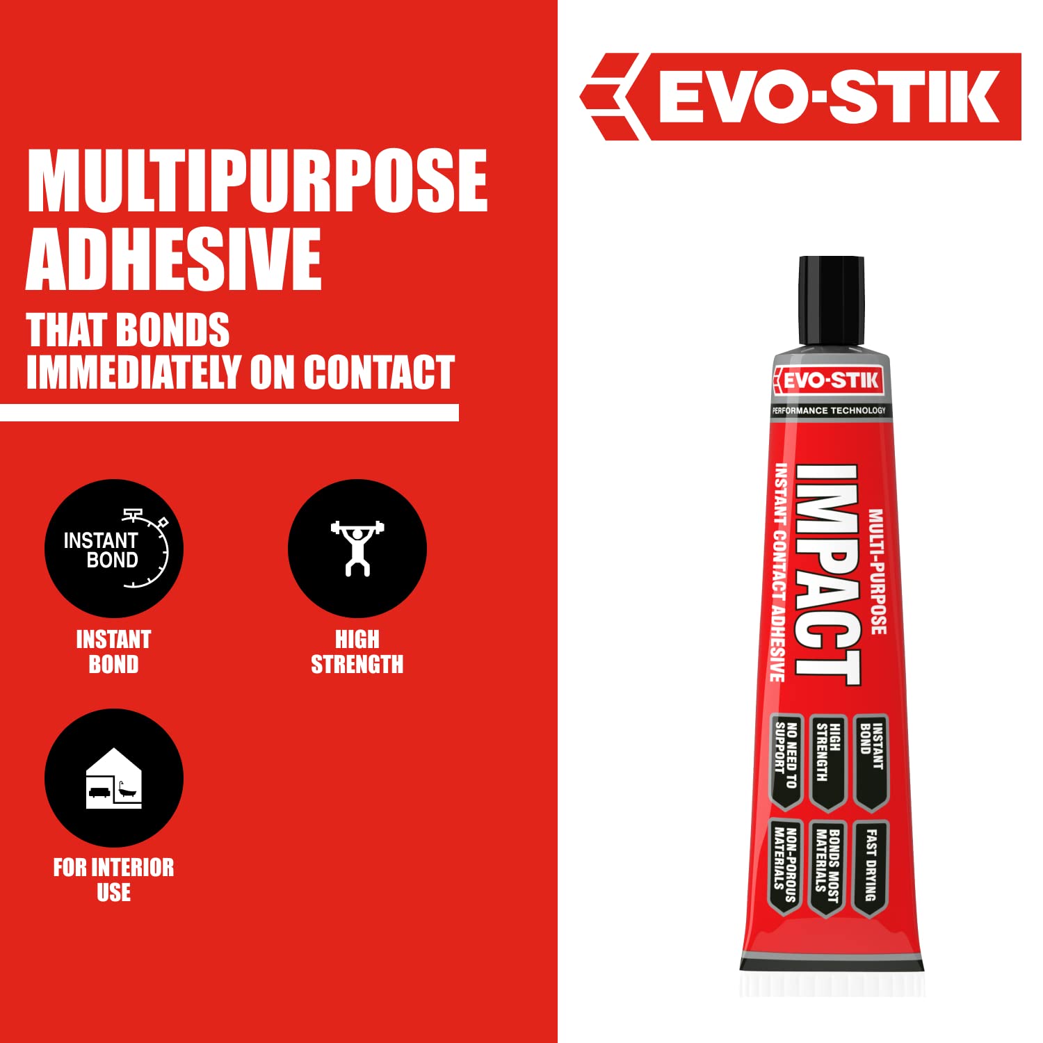 EVO-STIK Impact Adhesive, Multipurpose, High-Strength Adhesive, Bonds Instantly on Contact, Fast Drying, 65g Tube