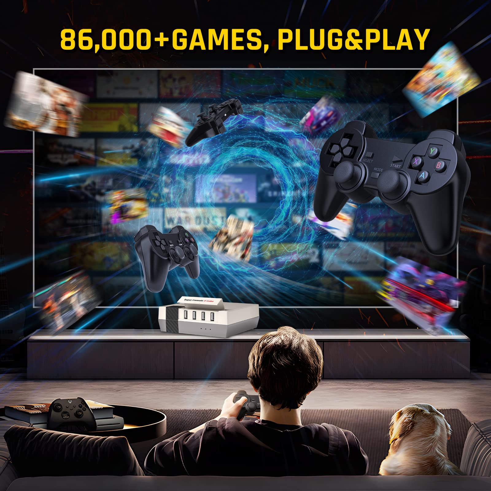Kinhank Super Console Cube X3 Classic Game Consoles Built-in 86,000+ Games,S905X3 Chip,Emuelec4.5/Android 9.0 TV/CoreELEC 3 Systems in 1, 4K TV HD/AV Output,5 USB Port, Dual Wireless Controllers,Gift for Friends