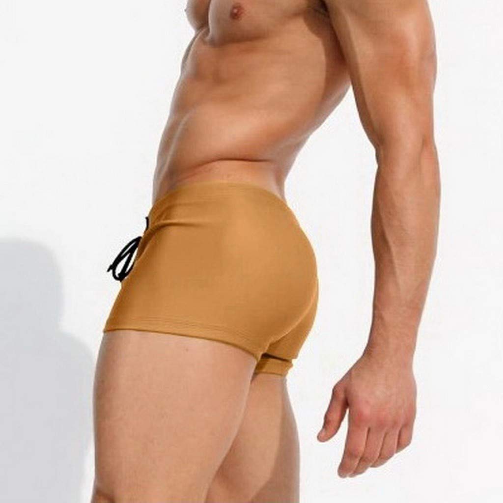 FDSD Man Swimsuit Men's Swim Trunk Solid Color Drawstring Quick Dry Low-Rise Sexy Soft Summer Shorts (XL, Khaki)