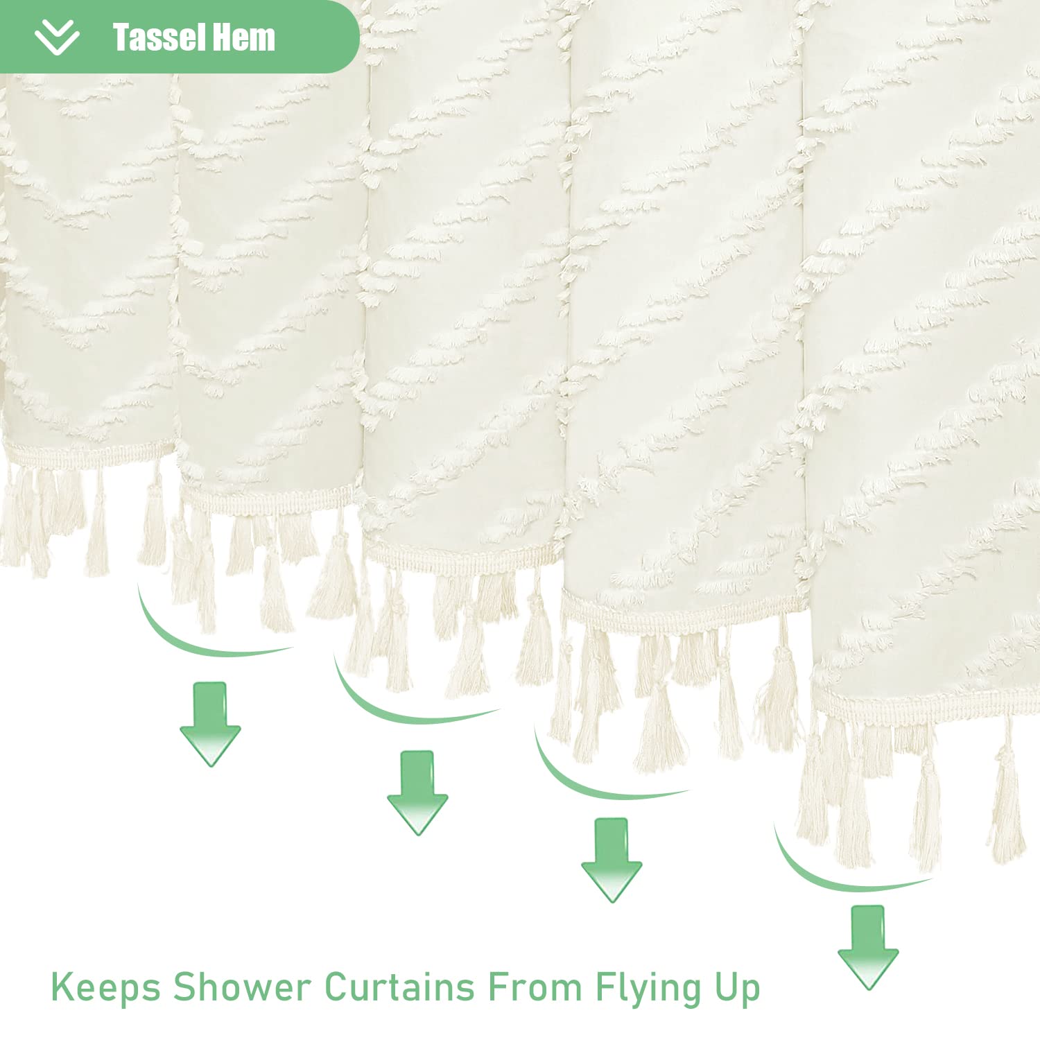 Dynamene Boho Farmhouse Shower Curtain, Cream Fabric Tufted Chevron Striped Textured Tassel Shower Curtains for Bathroom, Water Repellent, Minimalist Ruffled Cloth Shower Curtain Set with Hook, 72x72