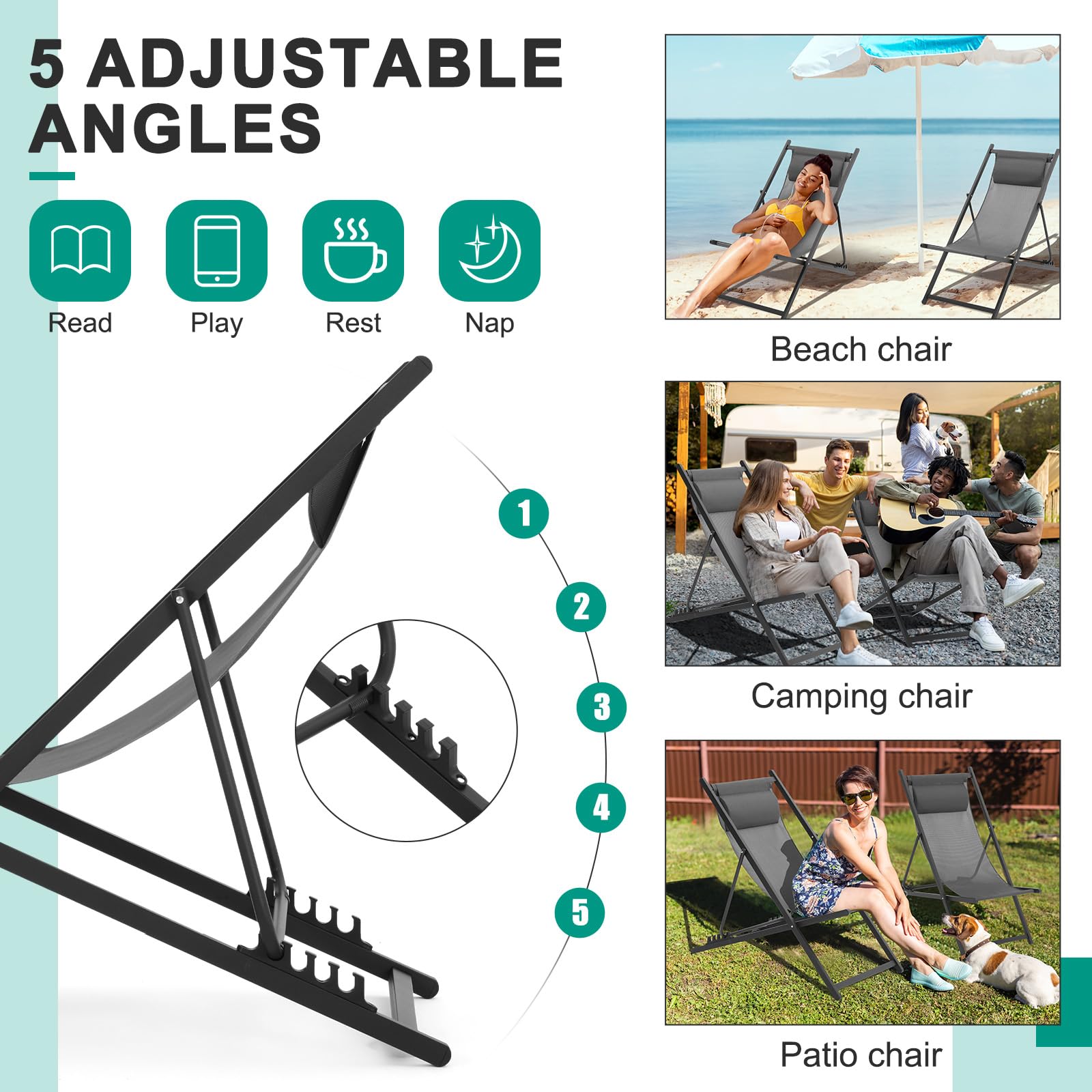 Menkxi 2 Pcs Patio Sling Chairs Outdoor Folding Poolside Chair with Pillow Adjustable 5 Levels Reclining Chairs Portable Beach Chairs Waterproof Breathable Mesh Aluminum Frame for Deck (Navy Blue)