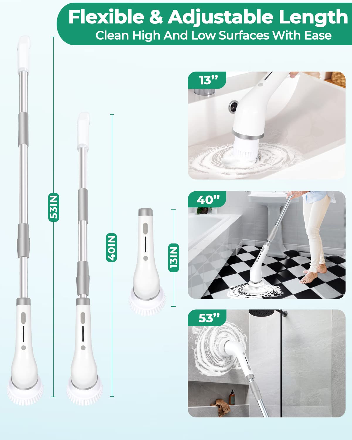 Electric Spin Scrubber - Cordless Shower Cleaning Brush with 8 Replaceable Heads - 2 Speeds & Extension Handle - Power Scrubber for Bathroom, Tile, Shower, Grout, Tub - includes Hooks and Storage Bag