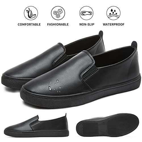 hash bubbie Womens White PU Leather Sneakers Low Top Tennis Shoes Casual Walking Shoes(Full Black.US7)