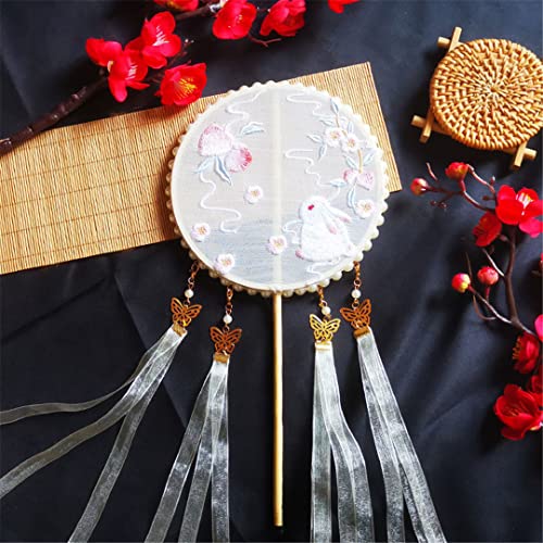 Lmtossey Vintage Round Fan Long Handle Tassel Dancing Hanfu Circular Fan Ancient Chinese Style Classical Printed Court Round Fan Wedding