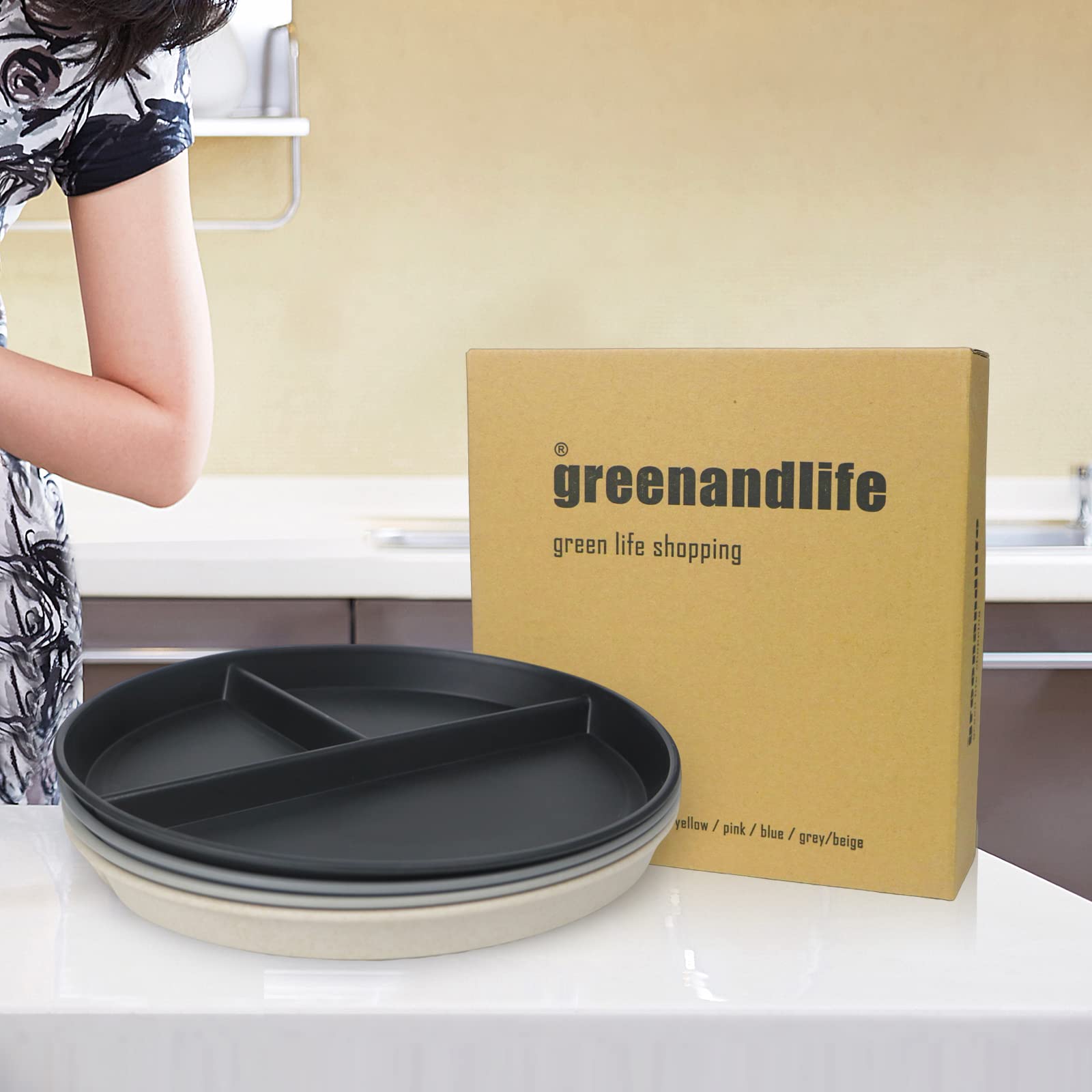 greenandlife 9 Inch (4PCS) Unbreakable Divided Plates for Kids Adults, Dishwasher & Microwave Safe Compartment Plates, Lightweight Reusable Plastic Portion Control Plates, BPA Free and Healthy