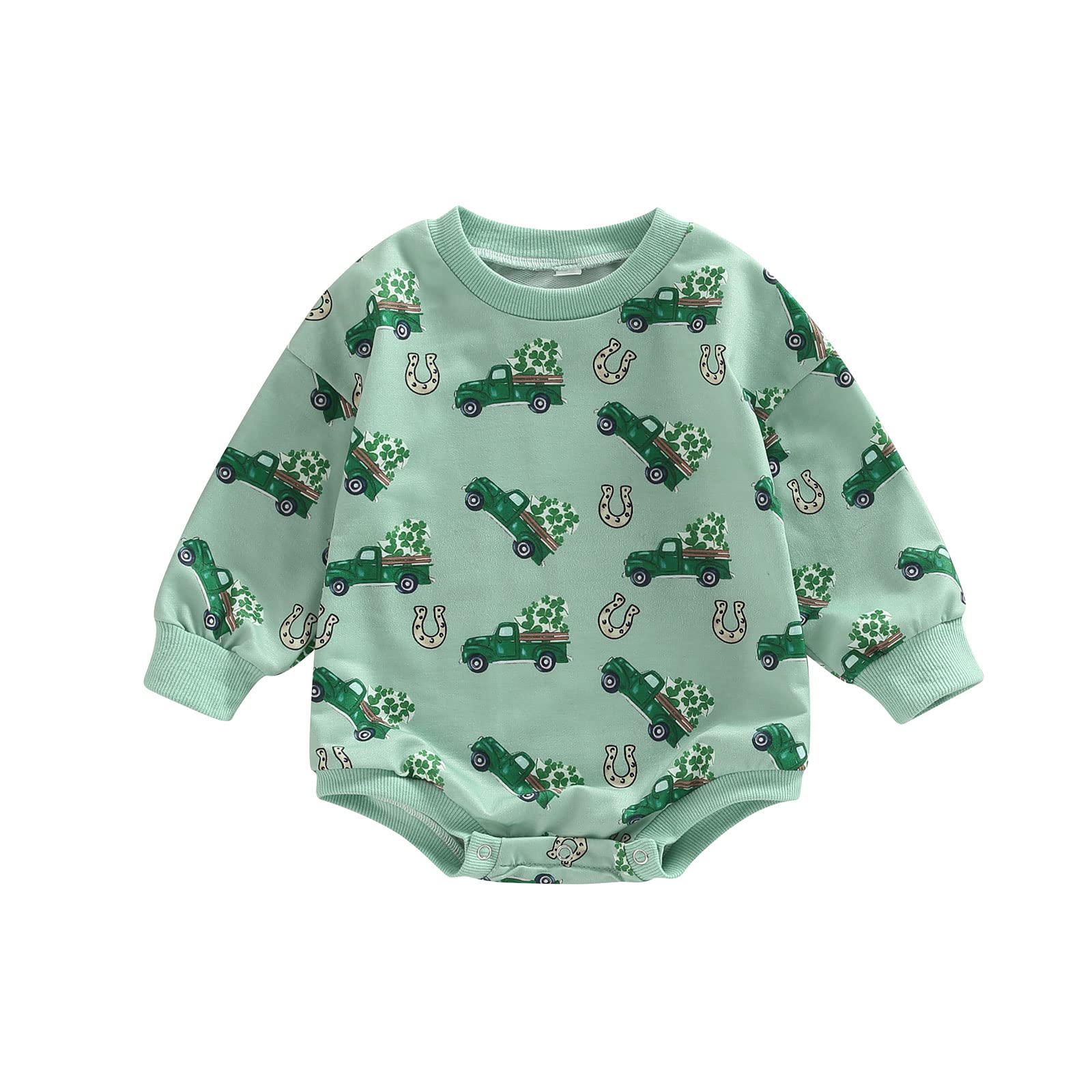 Lamuusaa Newborn Baby Girl Boy St. Patricks Day Outfit Green Clover Romper Sweatshirt Oversized Shirts Spring Clothes (Green Car, 0-3 Months)