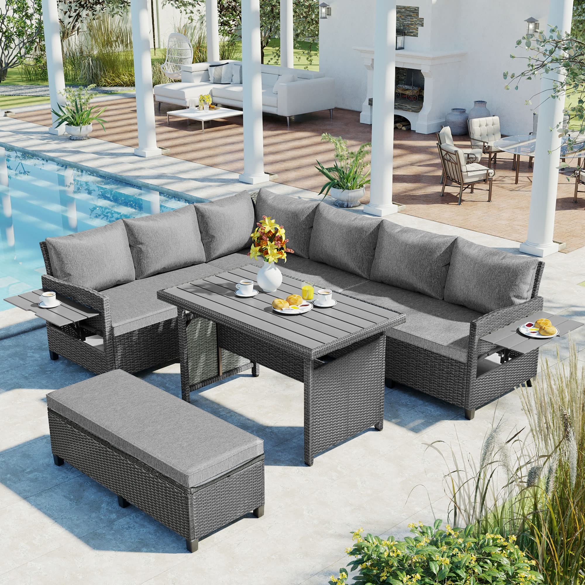 EMKK Steel Patio Furniture Set,6 Pieces Modern Outdoor Conversation Sectional with Cushion,Include 2 Loveseat,1 Single Sofa,1 Table,2 Bench, A-Dark Gray+Black
